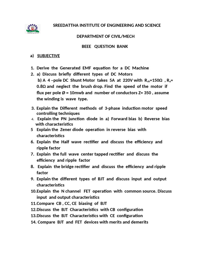 BEEE Question Bank for Engineering Students | PDF | Electric Motor ...