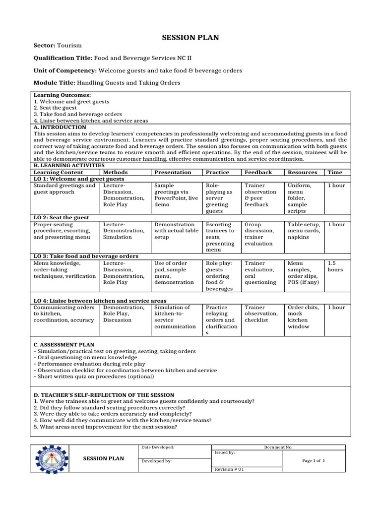 Food & Beverage Service Training Plan | PDF | Lecture | Learning