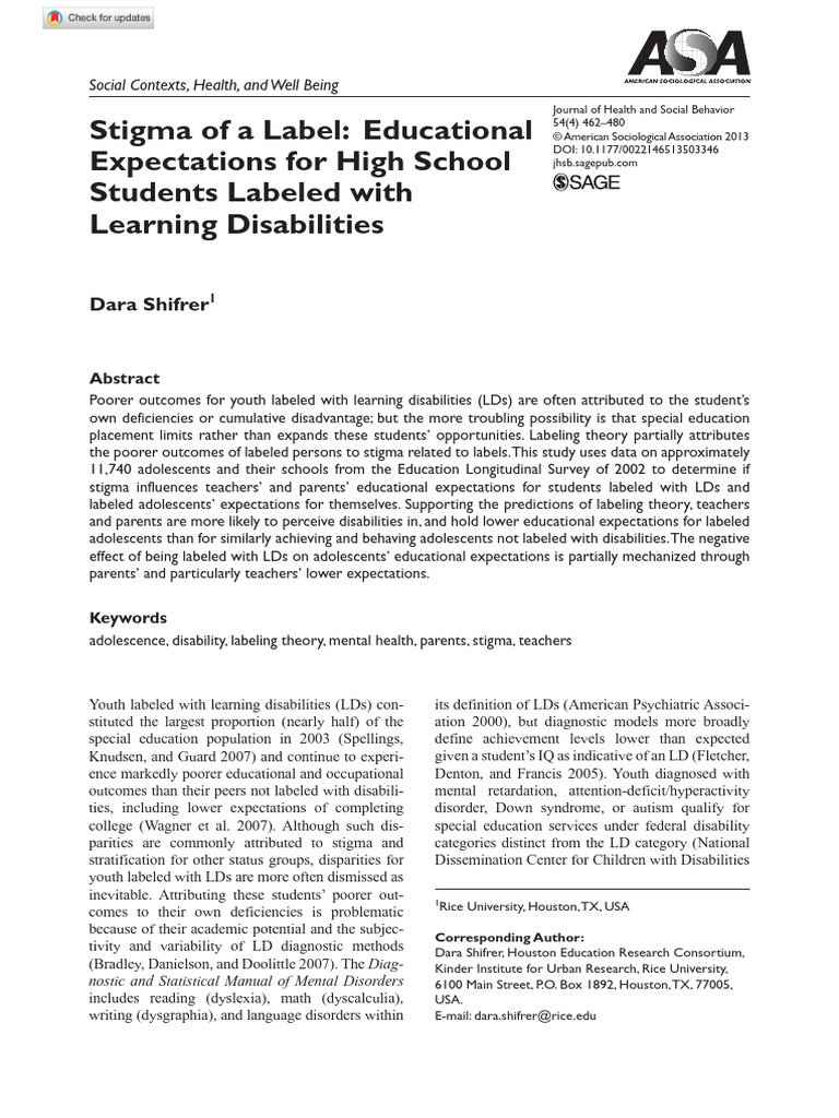 Stigma and Educational Expectations for LD Youth | PDF | Social Stigma ...
