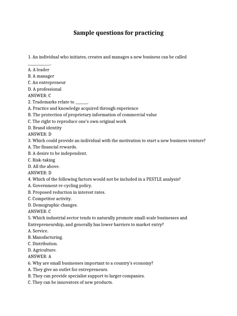 Entrepreneurial Practice Questions Guide | PDF | Entrepreneurship ...