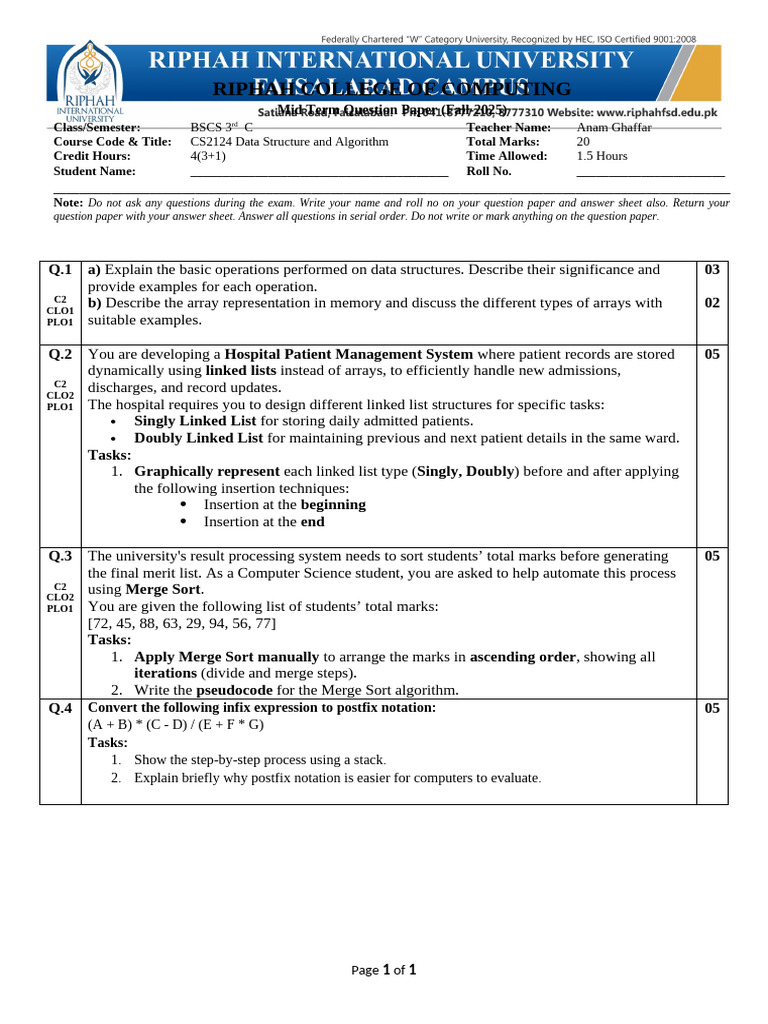 DSA Mid Term | PDF | Computer Science | Applied Mathematics