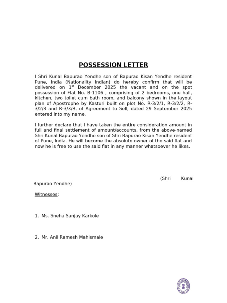 Flat Possession Letter for Kunal Yendhe | PDF