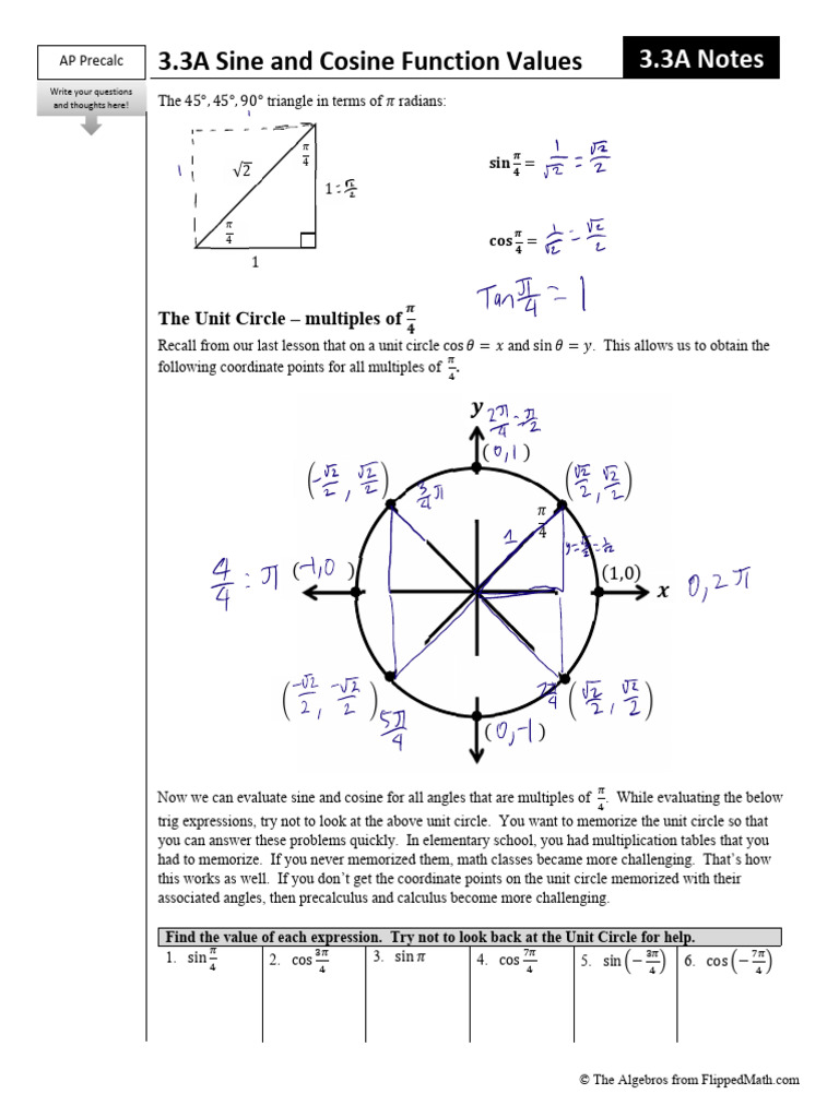 03 Sine and Cosine Function Values | PDF | Circle | Geometric Measurement