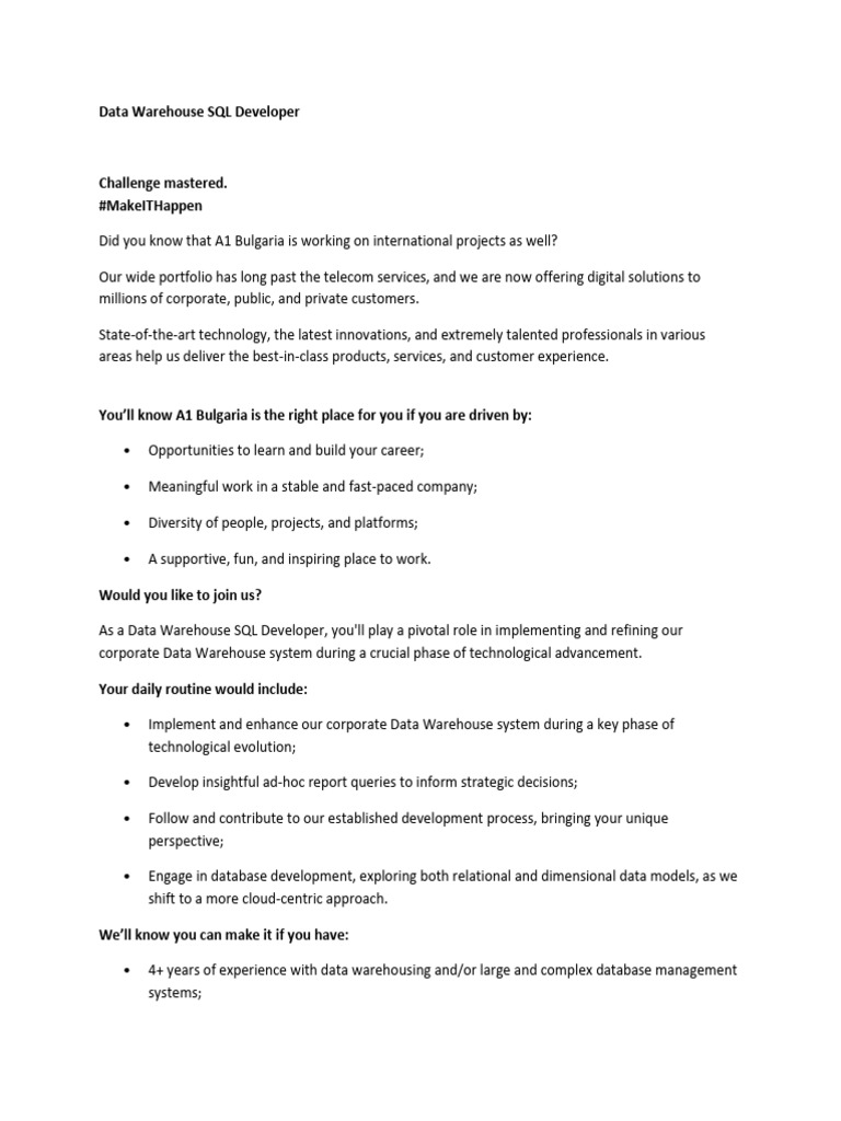 Data Warehouse SQL Developer | PDF | Data Warehouse | Sql