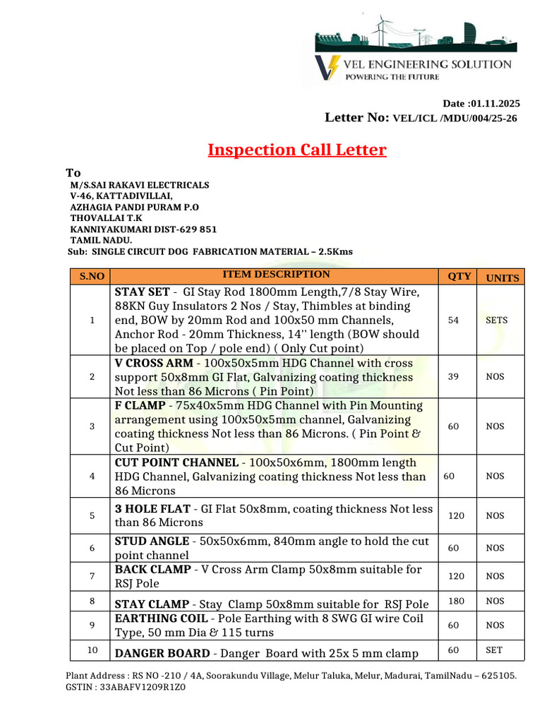 Inspection Call Letter (Sai Rakavi Electrial) | PDF | Electricity ...