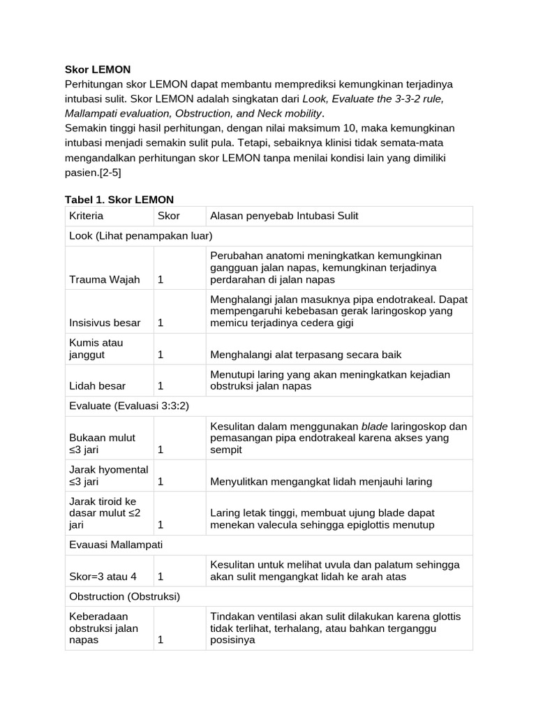 Skor LEMON untuk Prediksi Intubasi Sulit | PDF