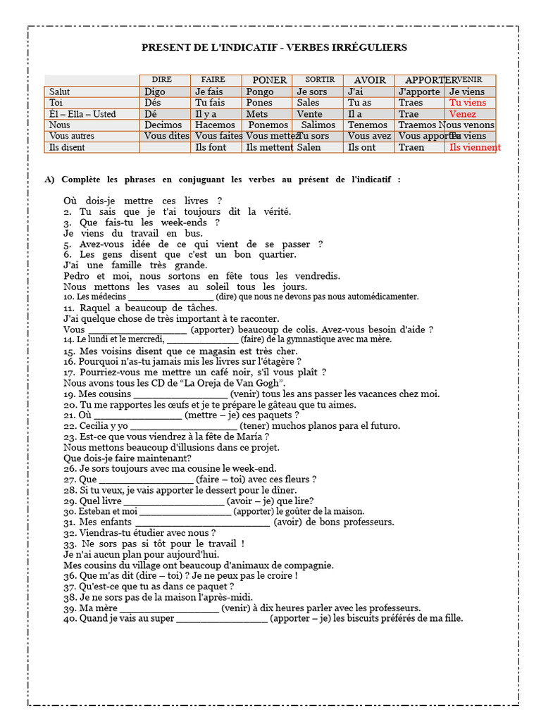 Présent de l'indicatif : verbes irréguliers | PDF
