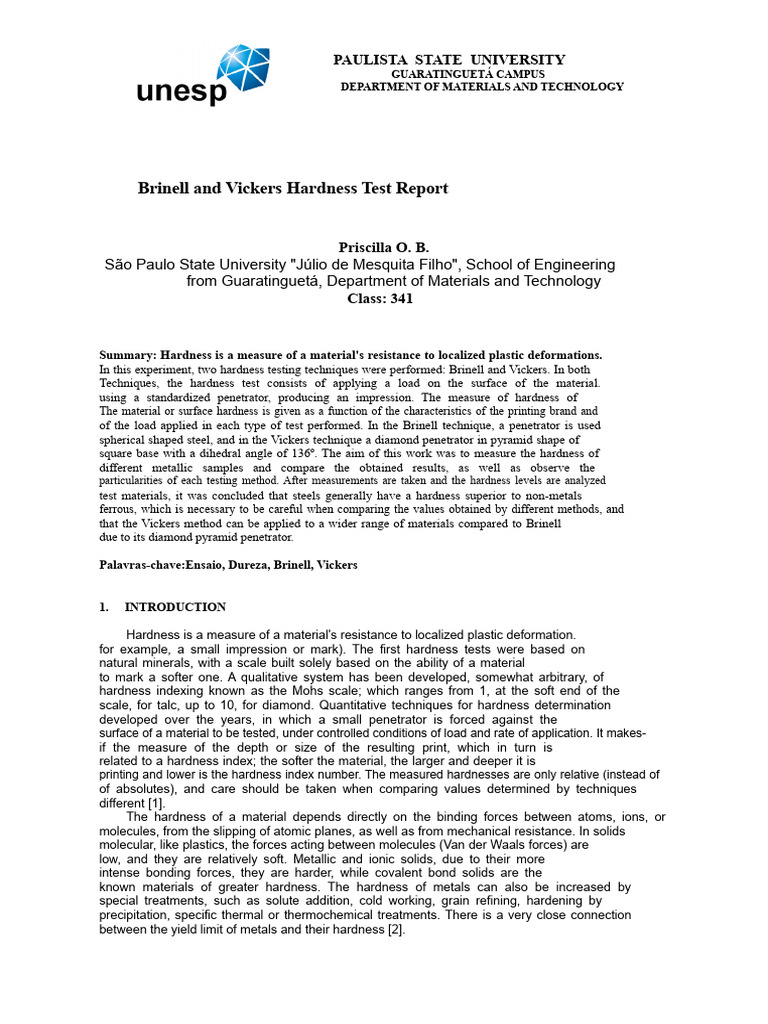Brinell and Vickers Hardness Test Report | PDF | Hardness | Alloy