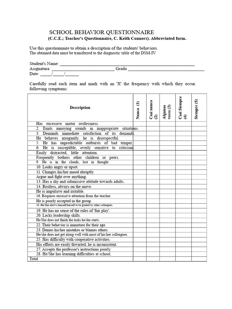 School Behavior Questionnaire Overview | PDF