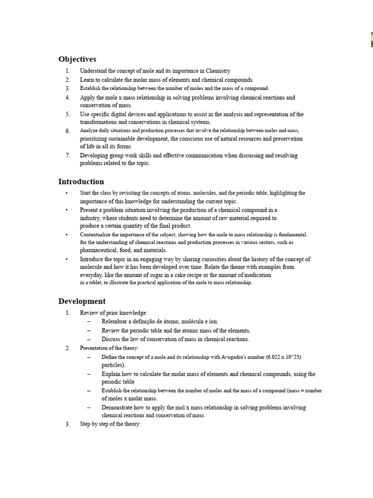 Lesson plan on the relationship between moles and mass | PDF | Mole ...