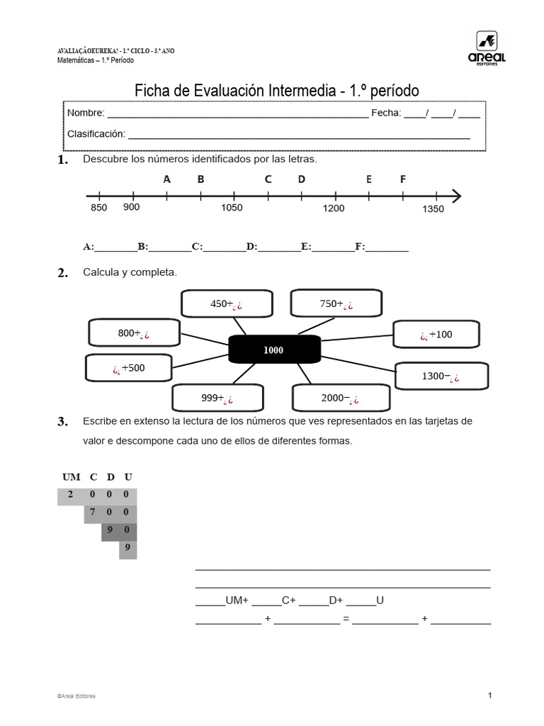 Matemáticas - 3º Año - Ficha de Evaluación Intermedia 1er Período | PDF ...