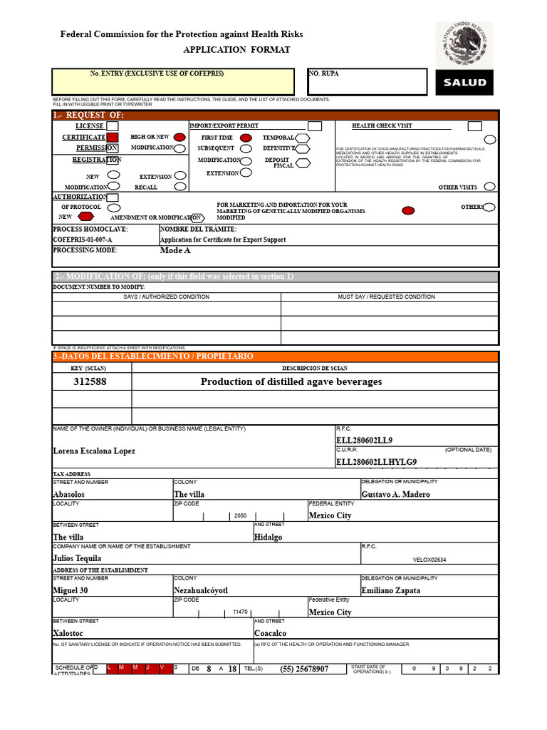 COFEPRIS Application for Health Permits | PDF