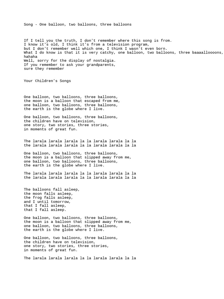 Song - One Balloon, Two Balloons, Three Balloons | PDF