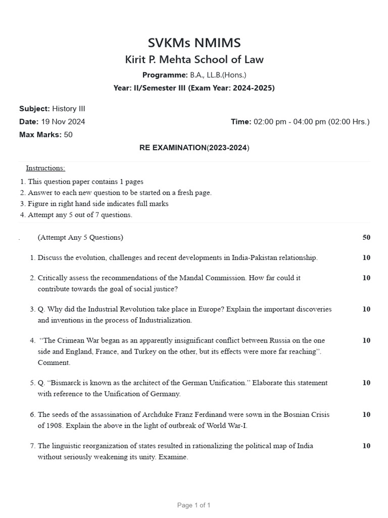 QP Re-Exam History III (812HT0C002) Semester III 2023-2024 | PDF