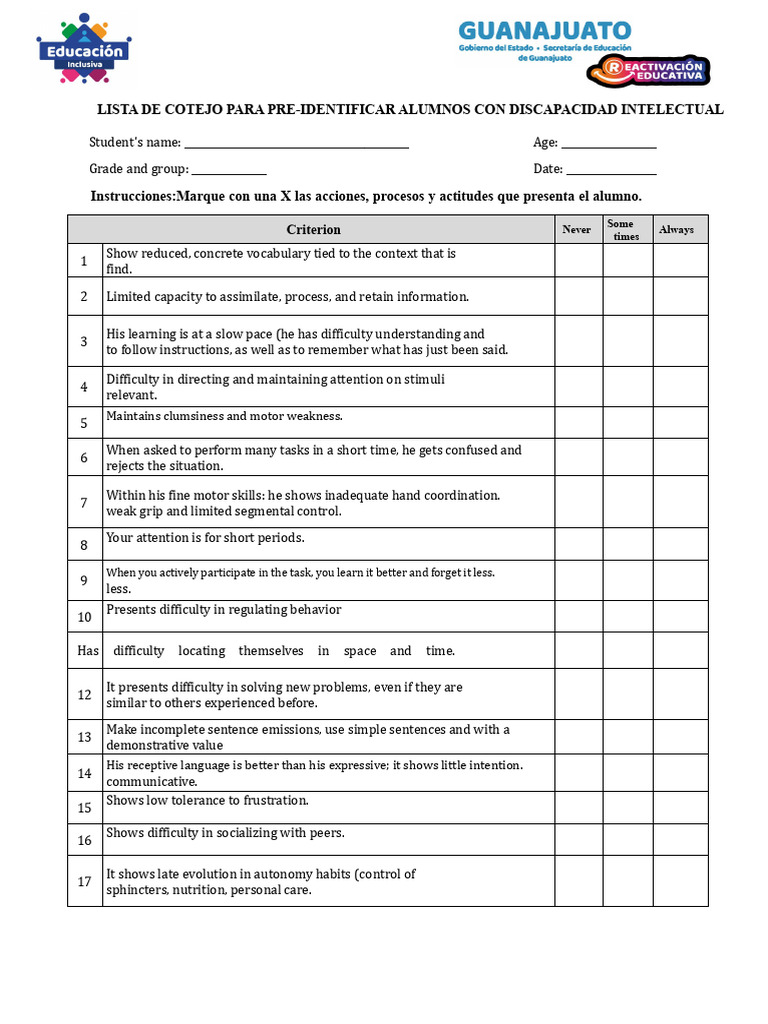 Product 1. Checklist For Pre-Identification of Students DI Inclusion ...