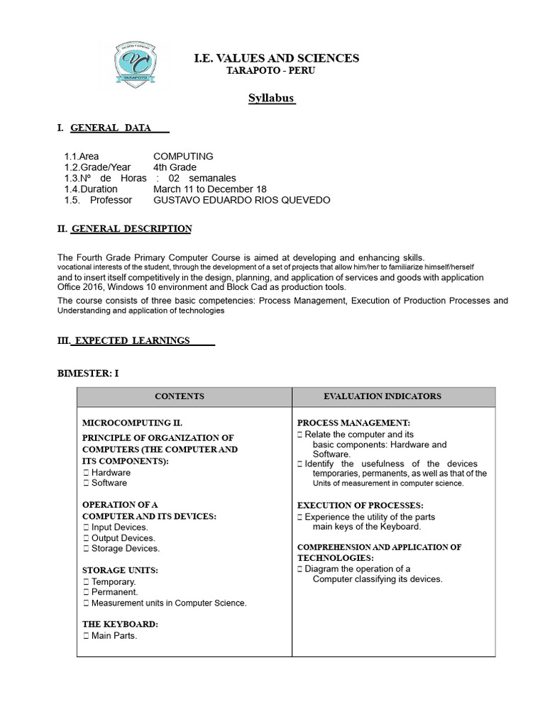 Fourth Grade Computer Course Syllabus | PDF | Computer File | Computer ...