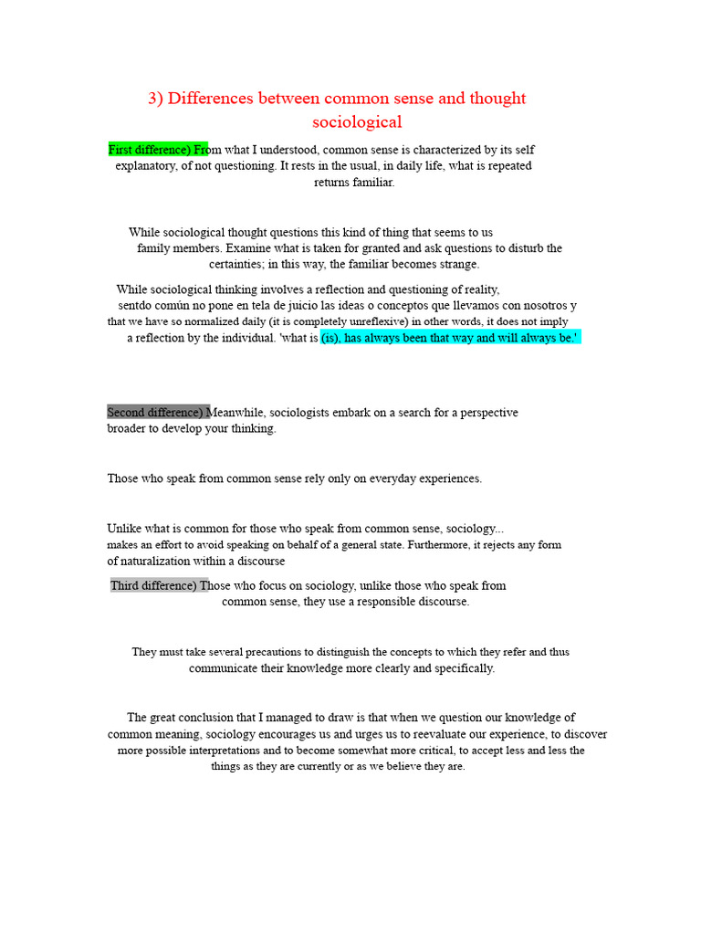 Differences between common sense and sociological thinking | PDF ...