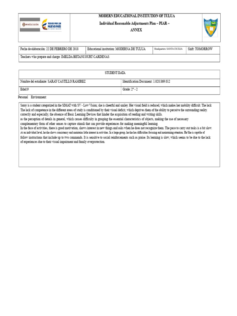 Individual Adjustment Plan for Low Vision | PDF | Learning | Cognition