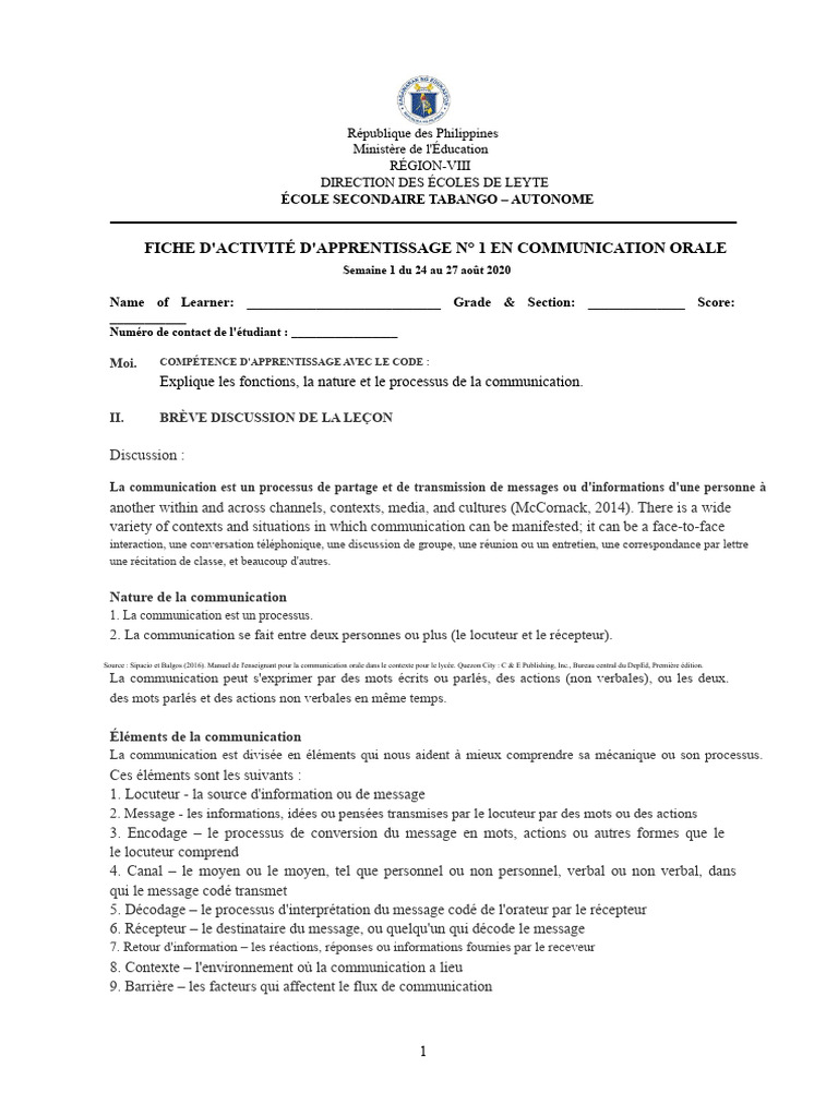 Fiche d'Activité : Communication Orale | PDF | Émotions | Apprentissage