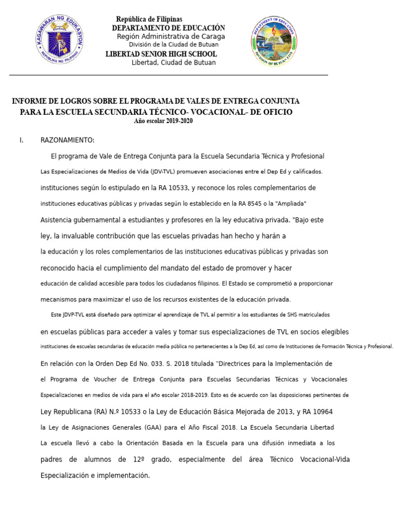 informe de logros sobre JDVP 2020 | PDF | Escuelas | Educación Secundaria