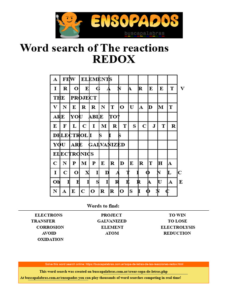 Redox Reactions Word Search Puzzle | PDF