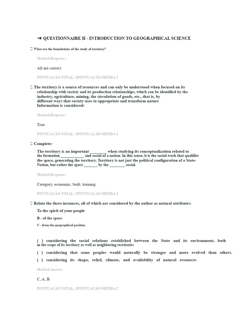 QUESTIONNAIRE II – INTRODUCTION TO GEOGRAPHICAL SCIENCE | PDF | Concept ...