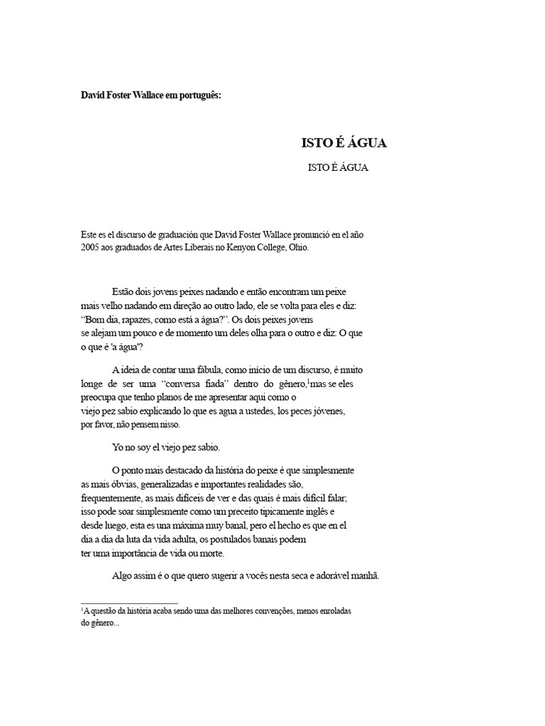 Discurso de David Foster Wallace: "Isto é Água" | PDF | Pensamento ...