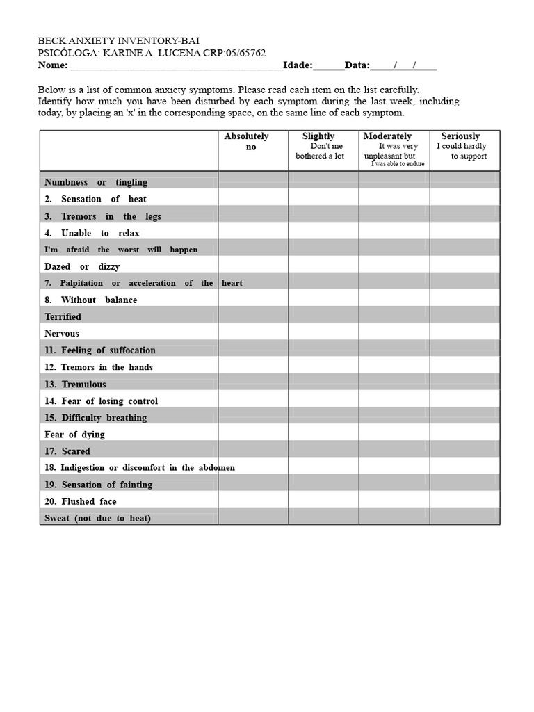 Beck Anxiety Inventory | PDF