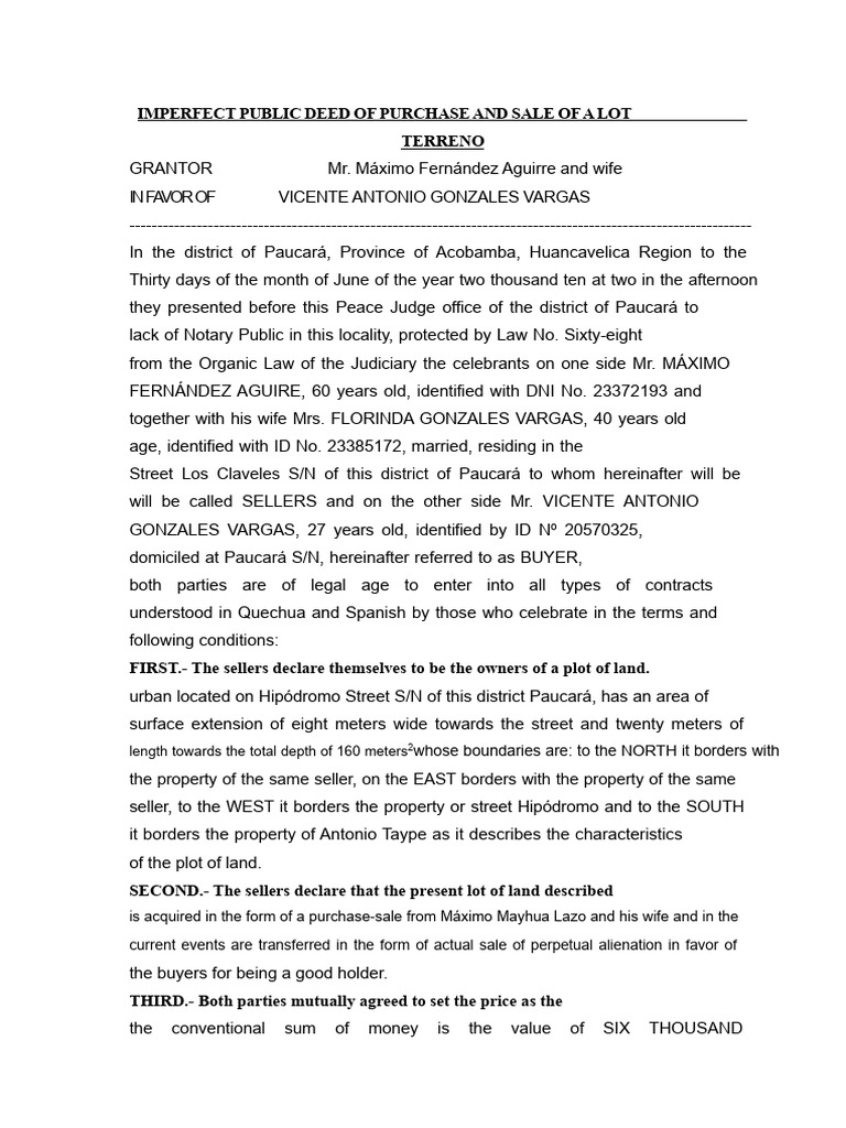 Imperfect Public Deed of Purchase and Sale of A Plot of Land | PDF ...