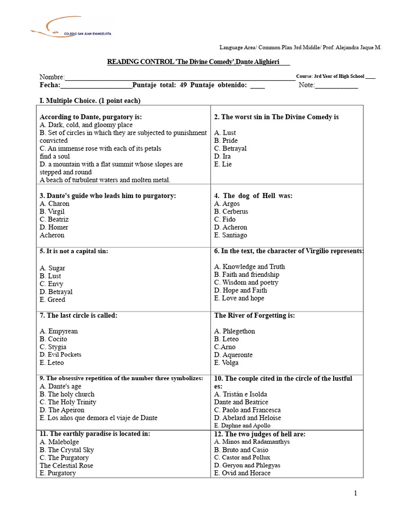 Divine Comedy Test | PDF | Divine Comedy | Hell
