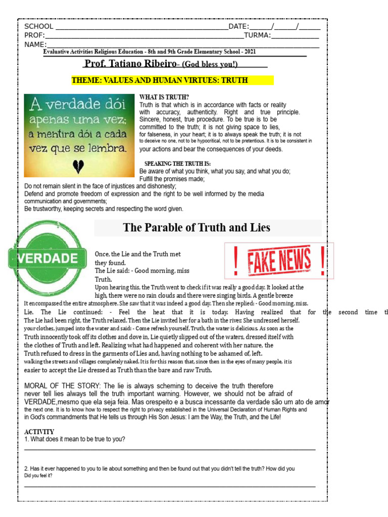 Activity 26 Religious Education - VALUES - TRUTH - All Classes - | PDF ...