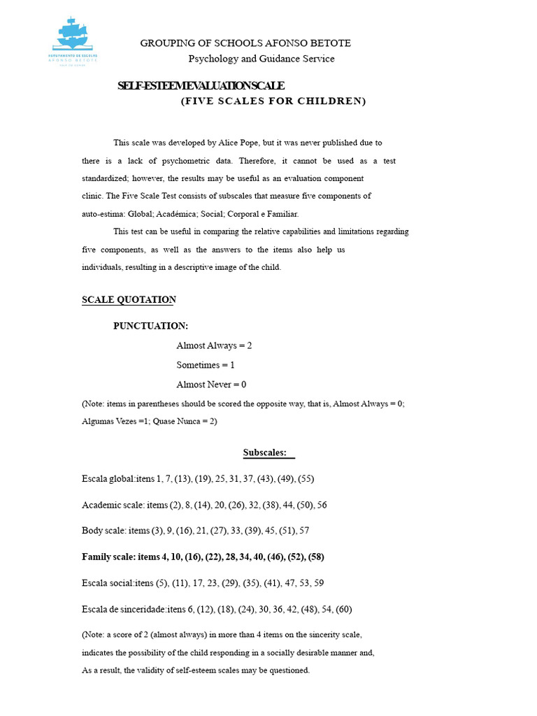 Self-Esteem Evaluation Scale for Children | PDF | Self Esteem ...