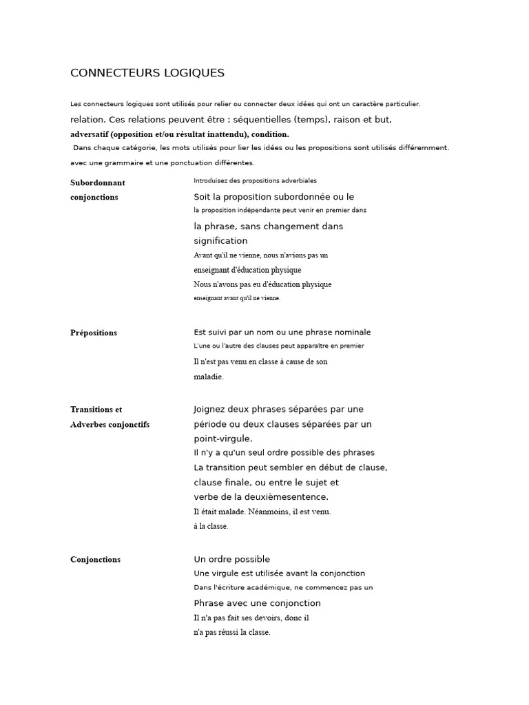 Guide des connecteurs logiques en français | PDF | Phrase | Clause