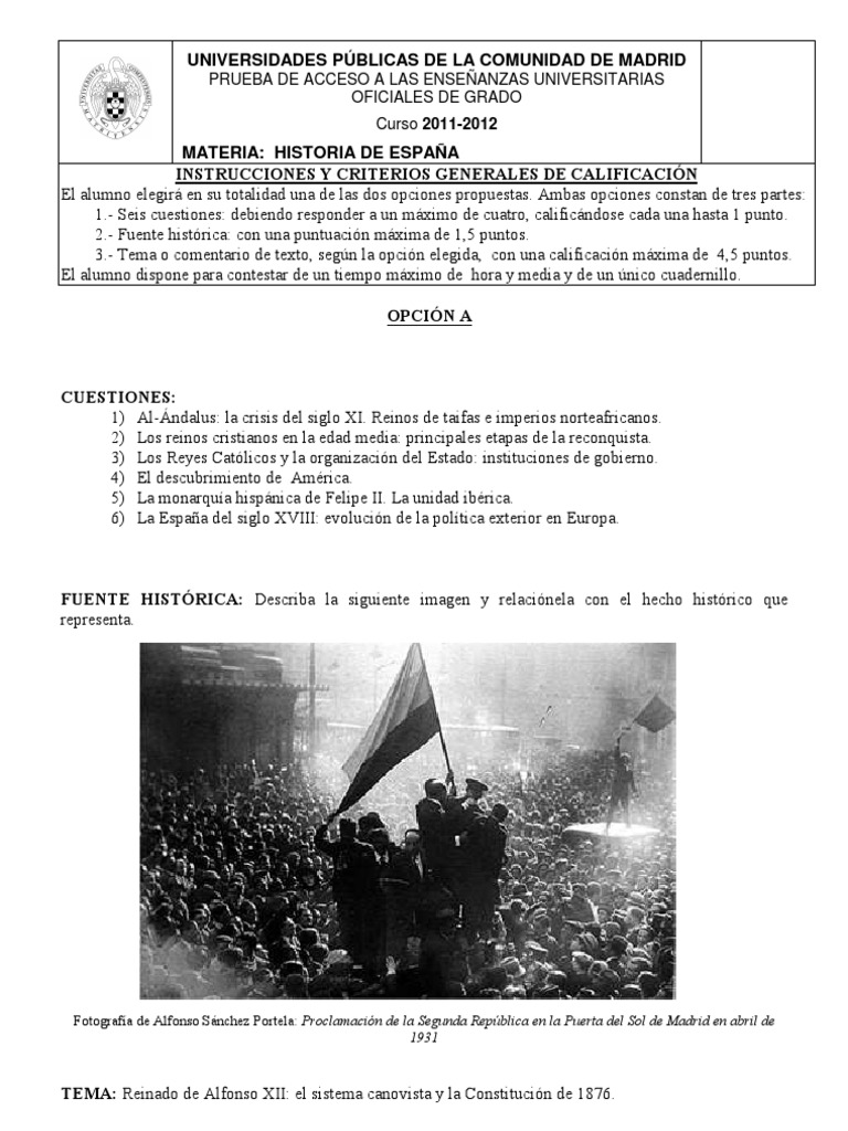 Examen Historia de España #Selectividad Madrid 2012 | PDF | España | Madrid