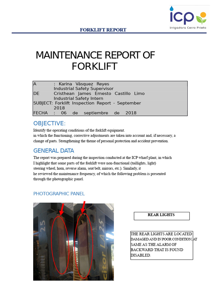 Forklift Maintenance Inspection Report | PDF | Seat Belt | Forklift