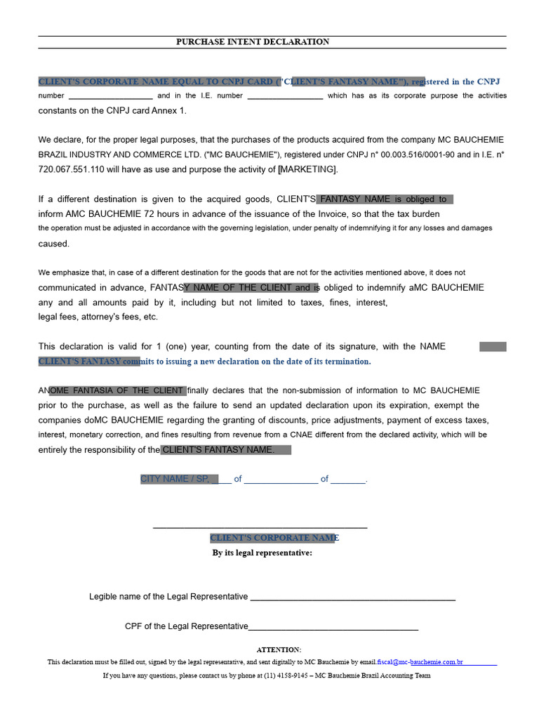 Purchase Intent Declaration Template | PDF | Taxes | Fee