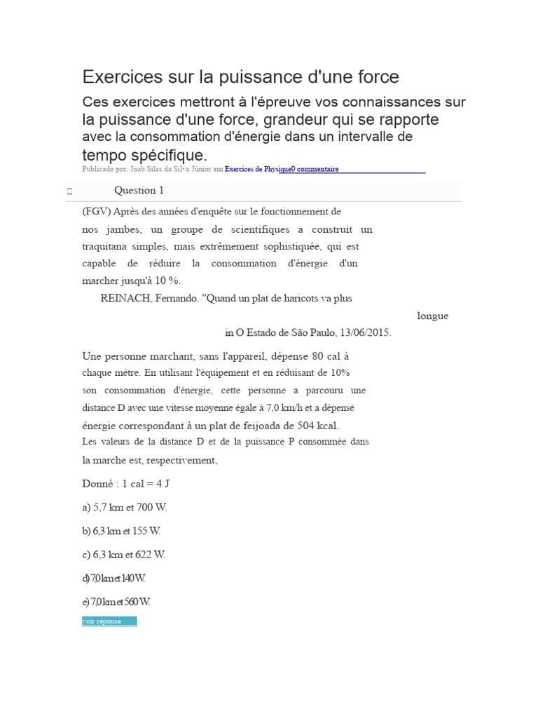Exercices sur la puissance d'une force | PDF | Puissance (physique ...