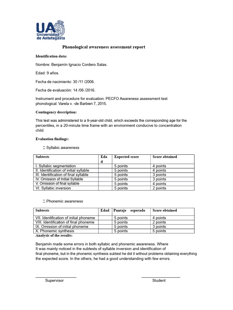 Phonological Awareness Assessment Report | PDF