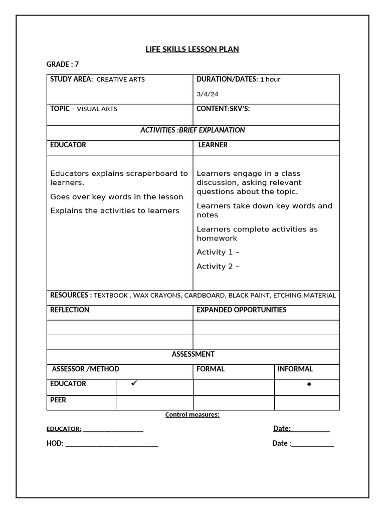 Grade 7 Visual Arts Lesson Plan | PDF