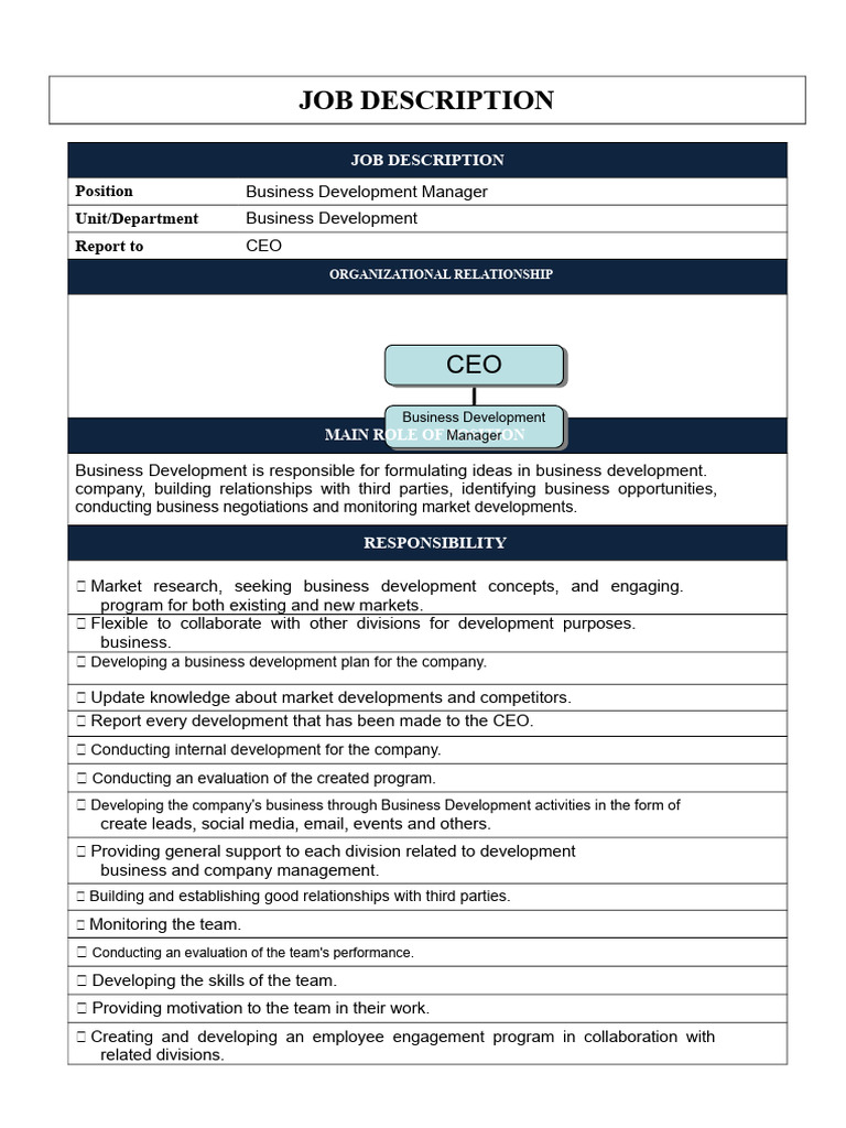 Job Description of Business Development Manager | PDF | Chief Operating ...