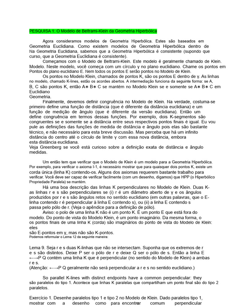 Perpendicularidade No Modelo de Beltrami-Klein | PDF | Linha (Geometria ...