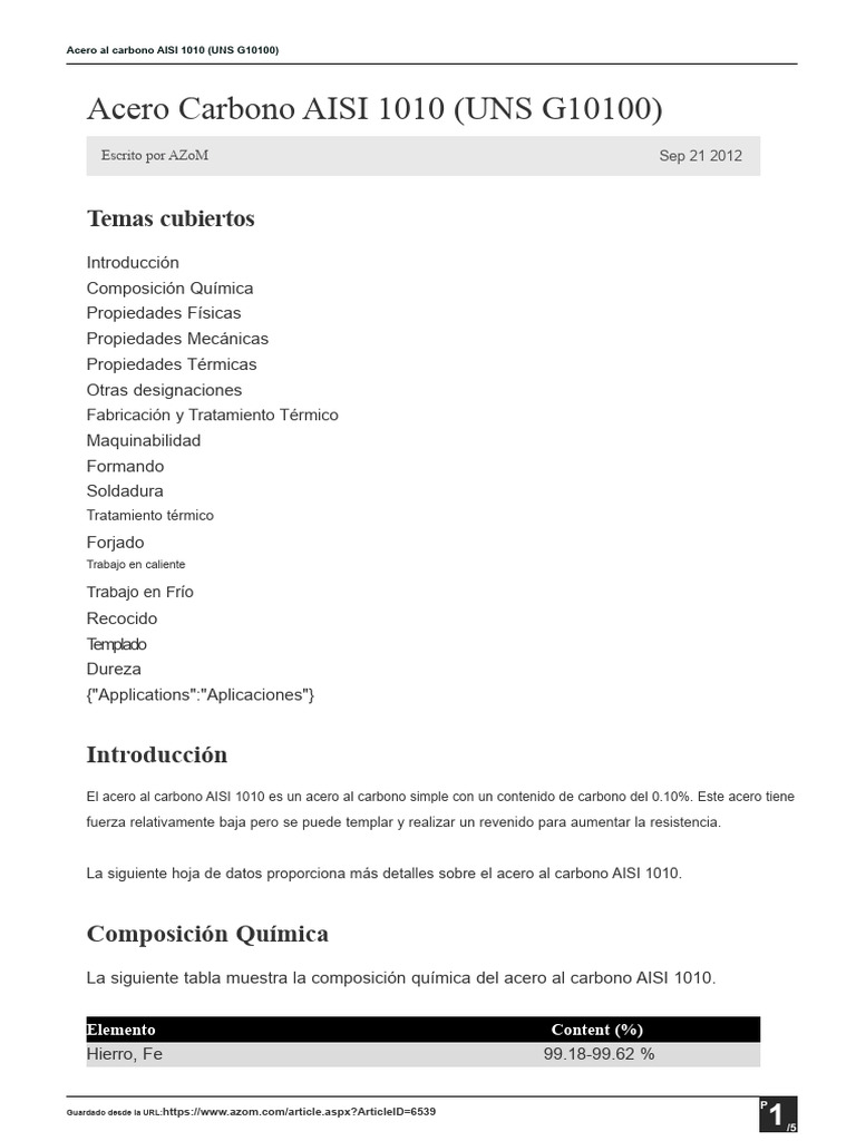 Acero Al Carbono Aisi 1010 (Uns g10100) | PDF | Acero | Tratamiento a ...