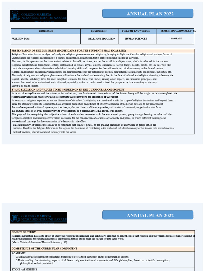 2022 Annual Plan for Religious Education | PDF | Knowledge | Experience