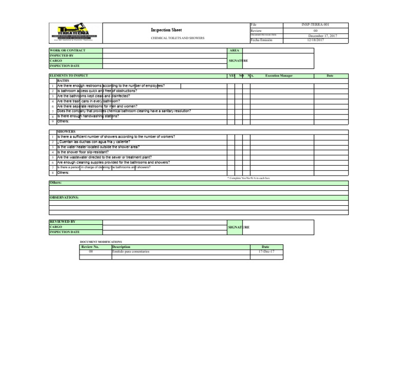Chemical Toilets and Showers Inspection Sheet | PDF | Bathroom | Toilet