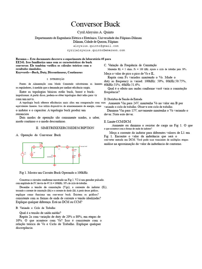 Experimento de Conversor Buck em EE241 | PDF | Indutor | Quantidade