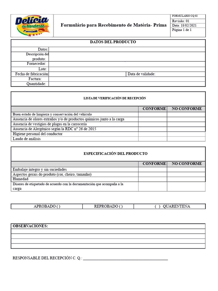 FORM CQ 02 Formulario para Recepción de Materia Prima | PDF