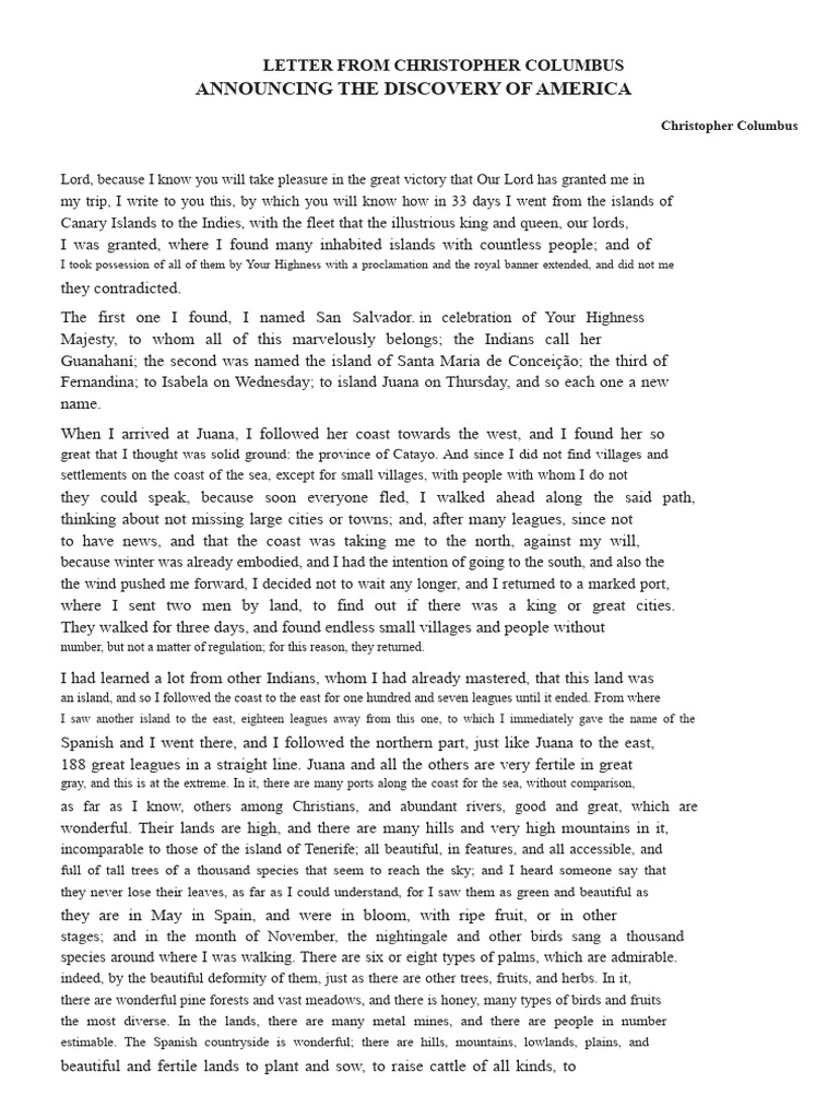 Columbus' Letter on America's Discovery | PDF | Christopher Columbus ...
