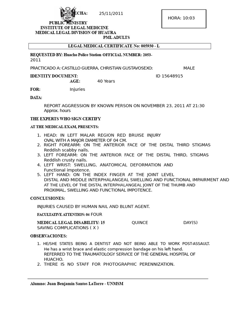 Forensic Medical Certificate | PDF | Hand