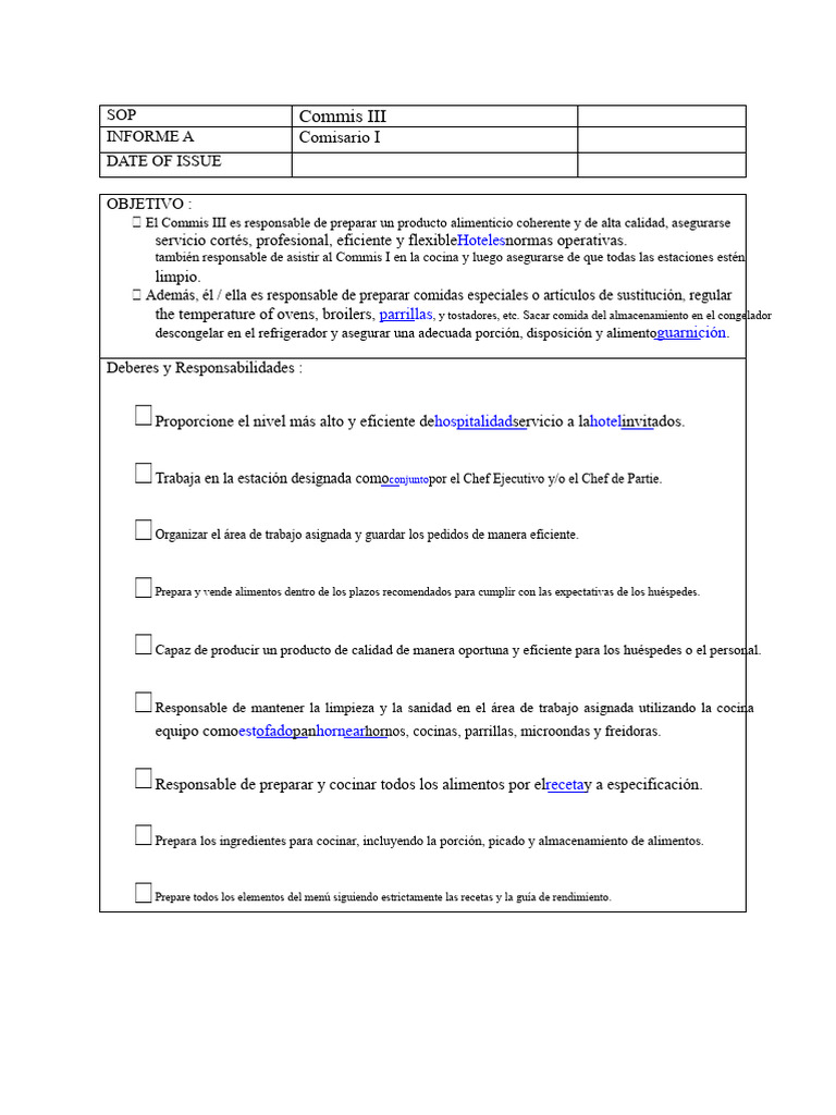 Descripción Del Trabajo de Commis III | PDF | Artes culinarias | Alimentos