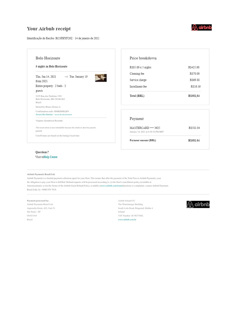 Airbnb - BH - Receipt | PDF | Payments | Business